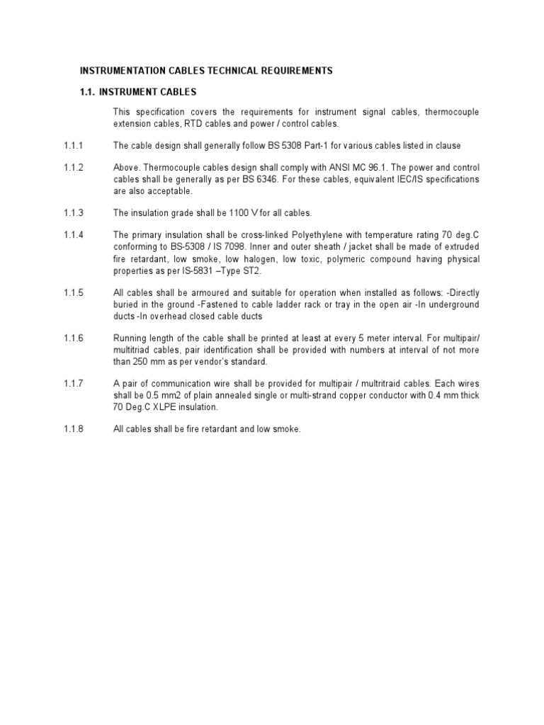 Control Cable Specification | PDF | Electrical Conductor | Wire