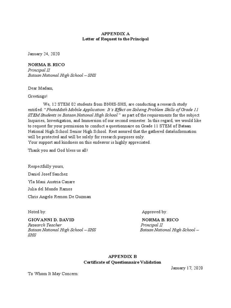 Appendix A Letter of Request To The Principal | PDF | Learning | Cognition