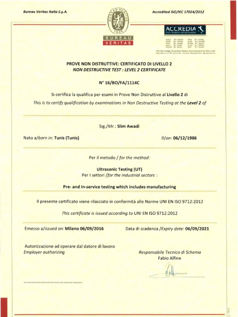 Certificates UNI EN ISO 9712 Slim Awadi Ut PDF | PDF
