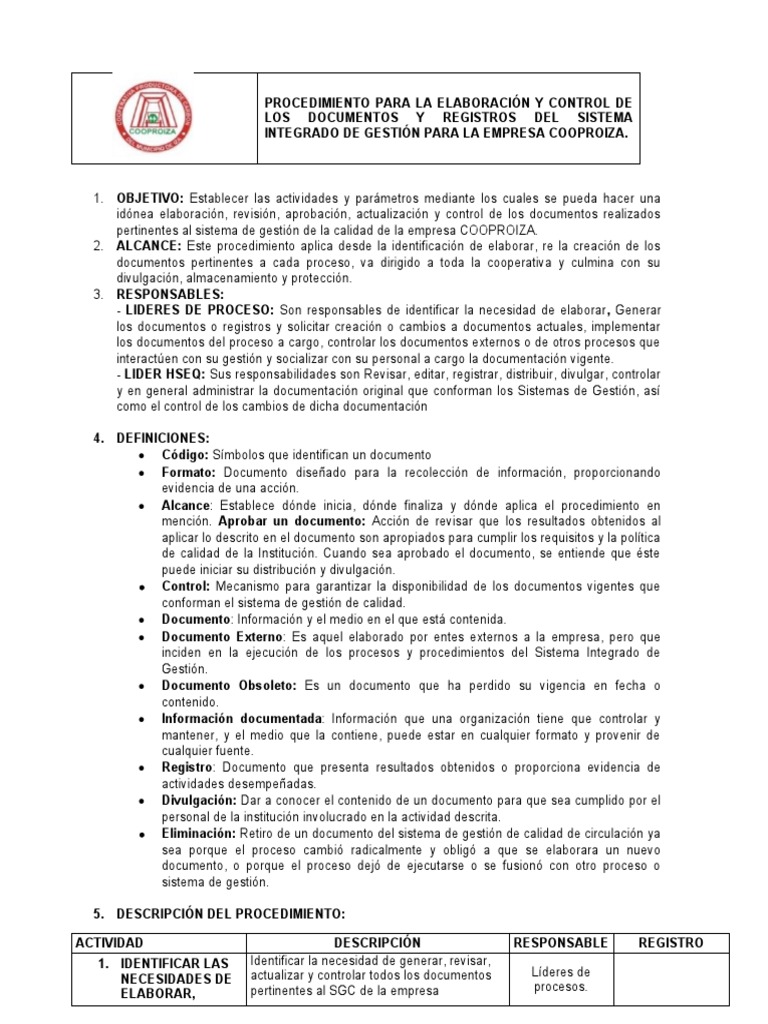 PROCEDIMIENTO PARA LA Elaboracion y Control de Documentos SGC | PDF ...