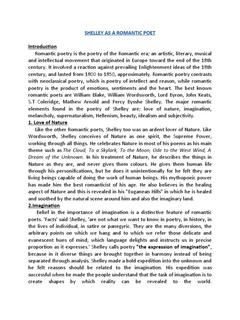 Shelley As A Romantic Poet | PDF | Romanticism | Poetry