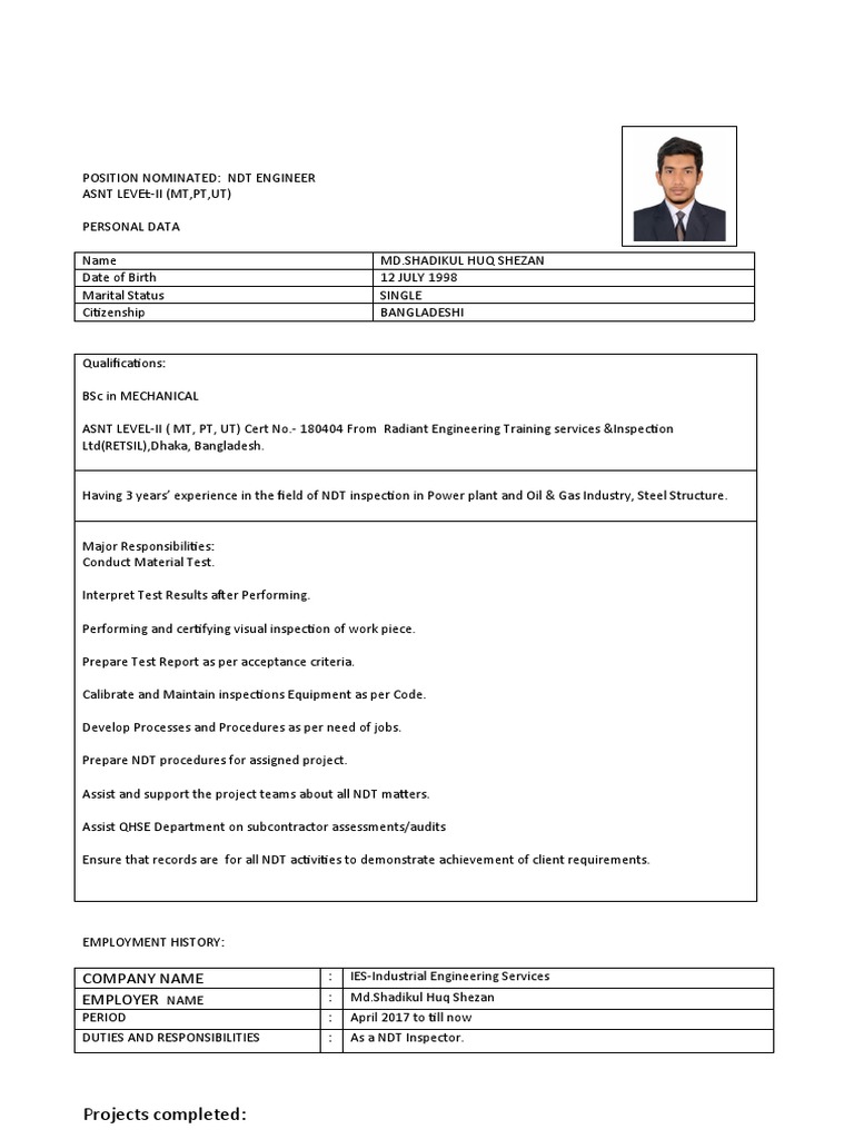 Resume for the Position of NDT Engineer with ASNT Level-II ...