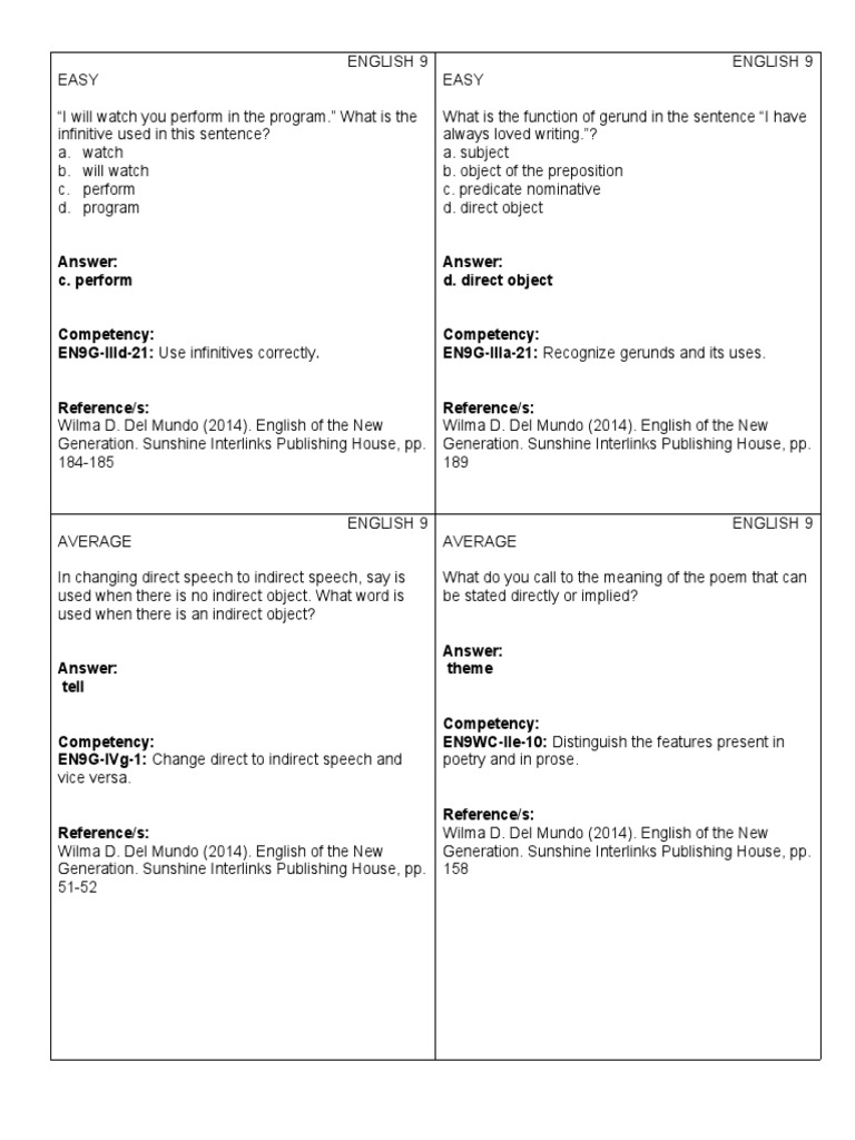 ENGLISH 9 - Quiz Bee | PDF | Object (Grammar) | Poetry