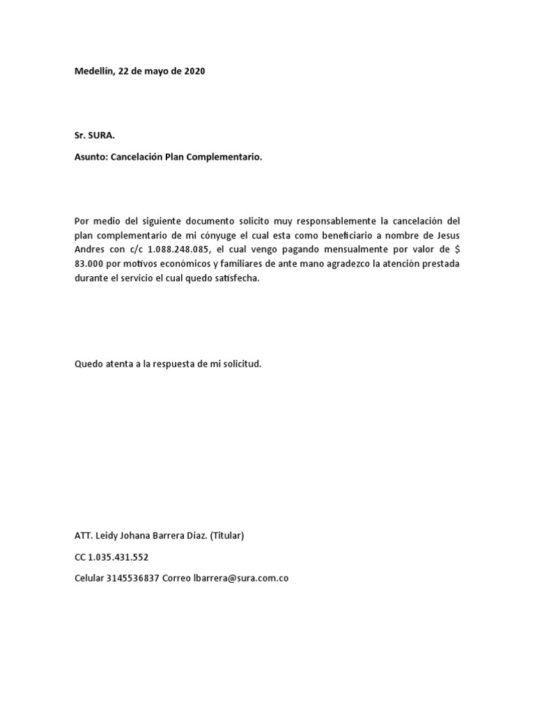 Cancelacion Plan Complementario | PDF