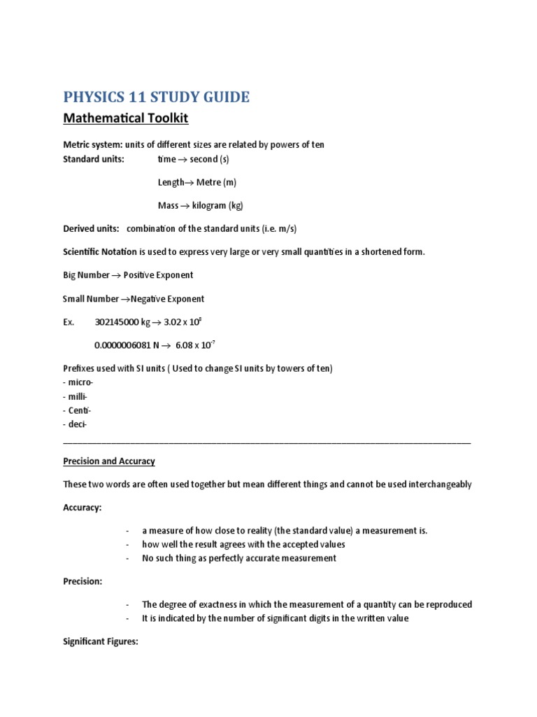 Physics 11 Study Guide | PDF | Force | Velocity