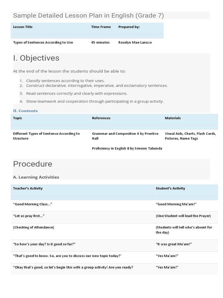 Sample Detailed Lesson Plan in English | PDF | Question | Sentence (Linguistics)