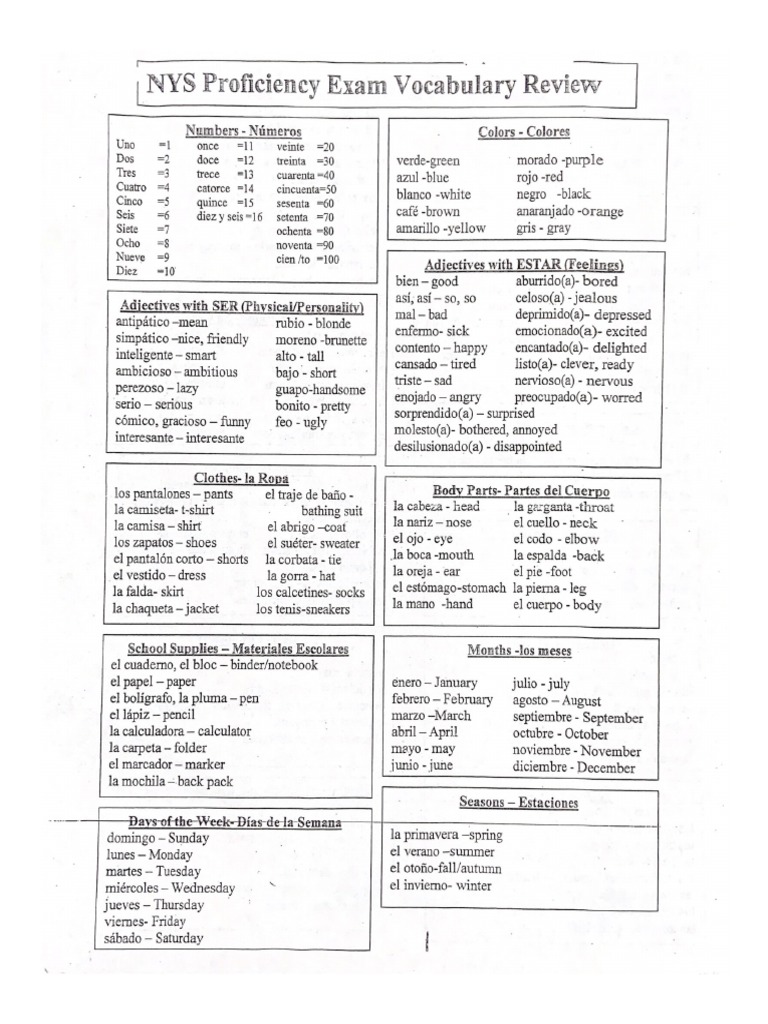 Nys Proficiency Exam Vocabulary and Verb Review | PDF