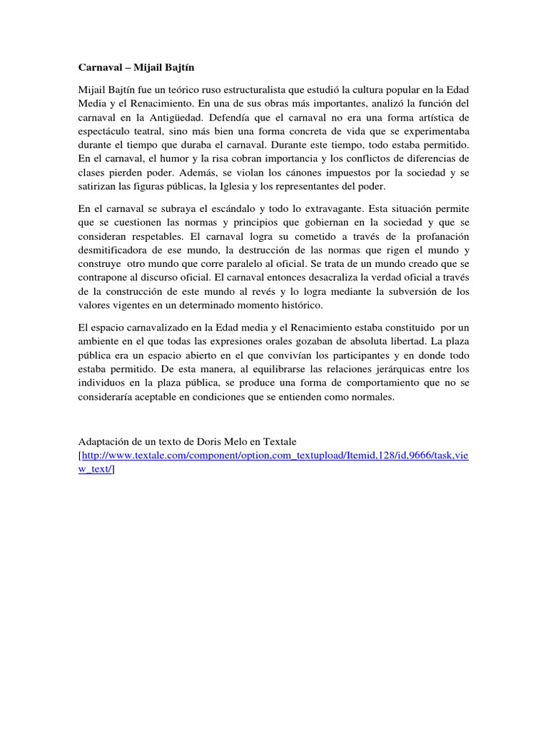 Carnaval Mijail Bajtin PDF | PDF
