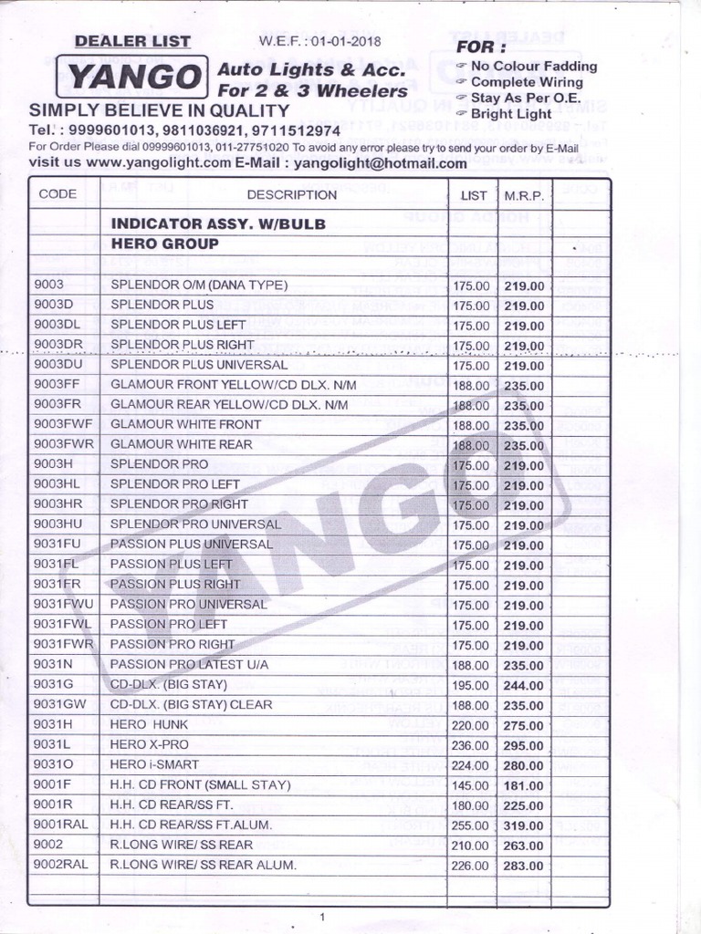 Yango Price List | PDF