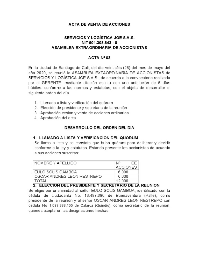 Acta de Venta 2 Accionistas - Angie Rodriguez | PDF | Gobierno