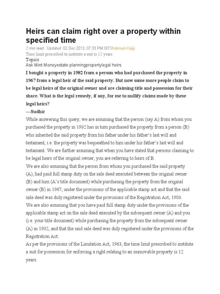 Heirs Can Claim Right Over A Property Within Specified Time | PDF ...