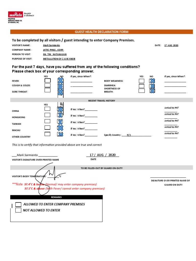Assessing Visitor Health Risks: A Title Analysis of a Guest Health Declaration Form | PDF ...