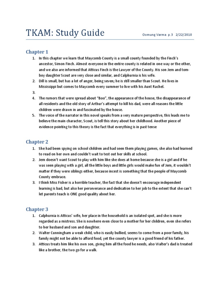 TKAM: Study Guide: Oomung Varma p.3 2/22/2010 | PDF | To Kill A Mockingbird