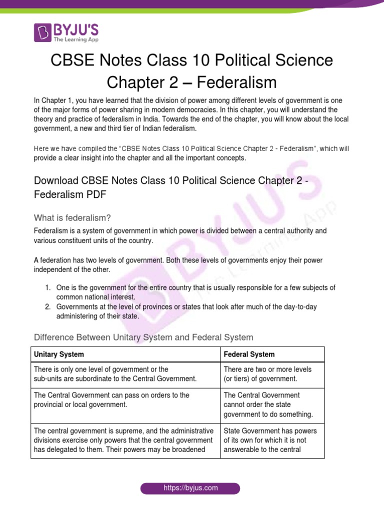 CBSE Notes Class 10 Political Science Chapter 2 Federalism | PDF ...