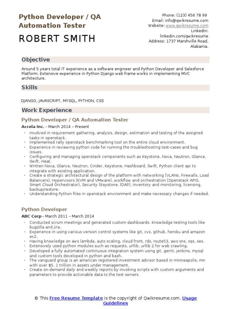 Robert Smith: Python Developer / QA Automation Tester | PDF | Open ...