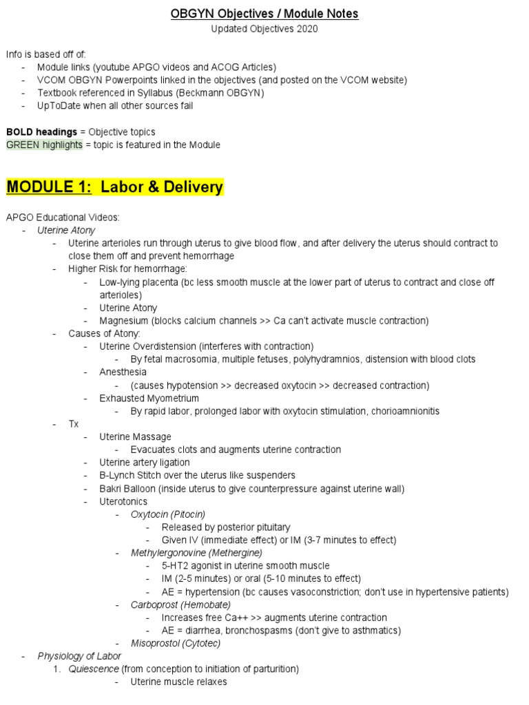 OBGYN Objective - Module Study Guide | PDF | Childbirth | Caesarean Section