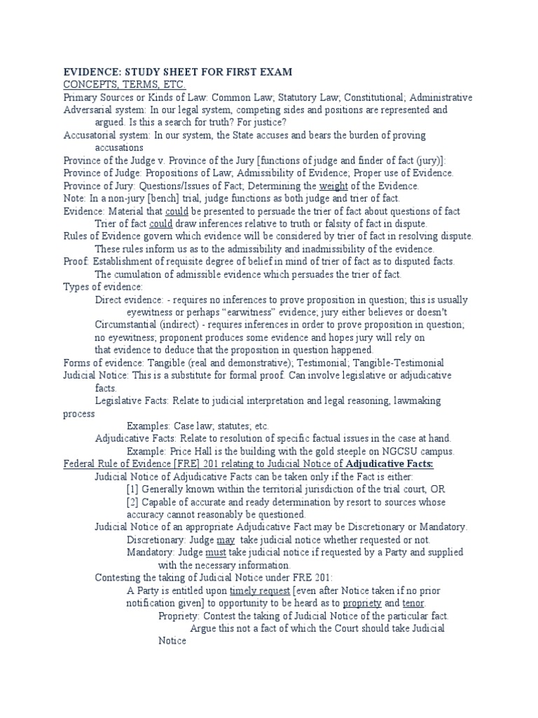 Evidence Study Sheet 1 | PDF | Burden Of Proof (Law) | Evidence