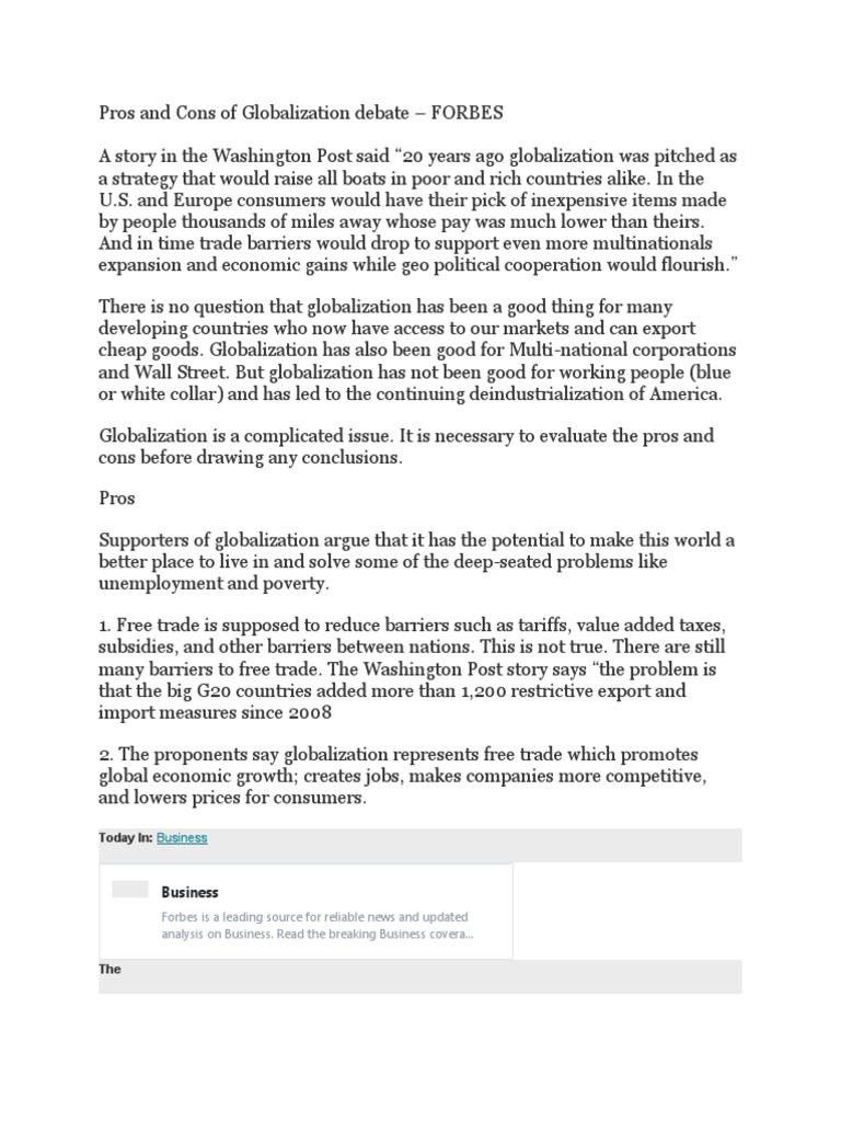 Pros and Cons of Globalization Debate | PDF | Free Trade | Globalization