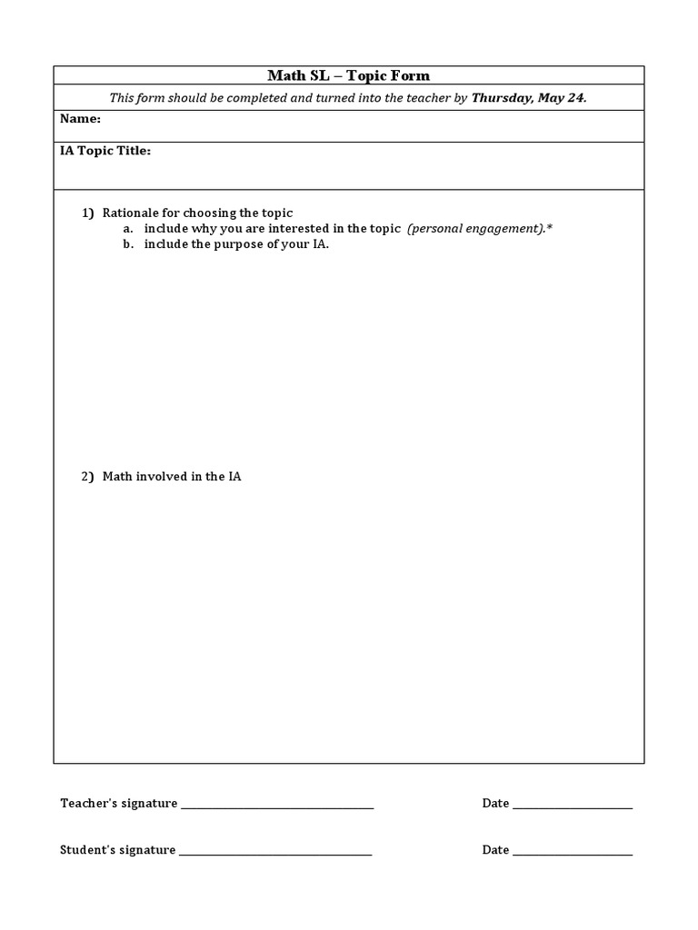 Math SL - Topic Form: This Form Should Be Completed and Turned Into The ...