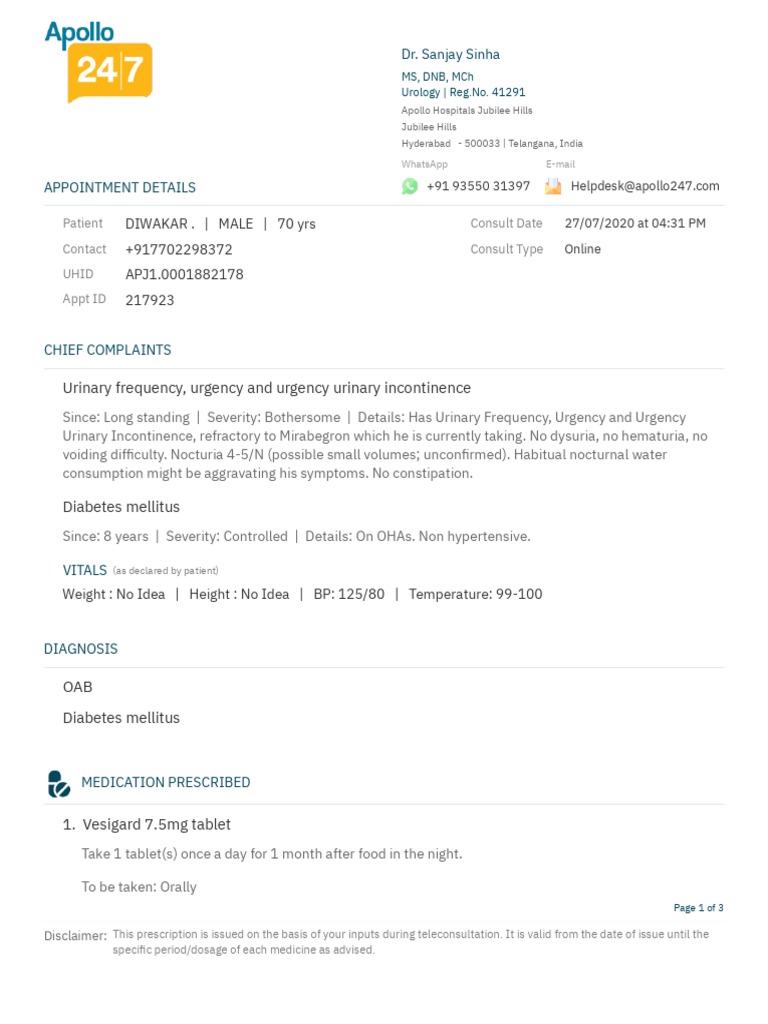 Prescription - 217923 - 27 07 2020 - Dr. Prof. Sanjay Sinha - Apollo ...
