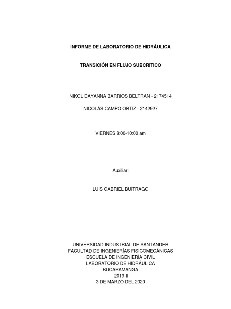 Lab Transición en Flujo Subcrítico. | PDF | Canal | Reservorio