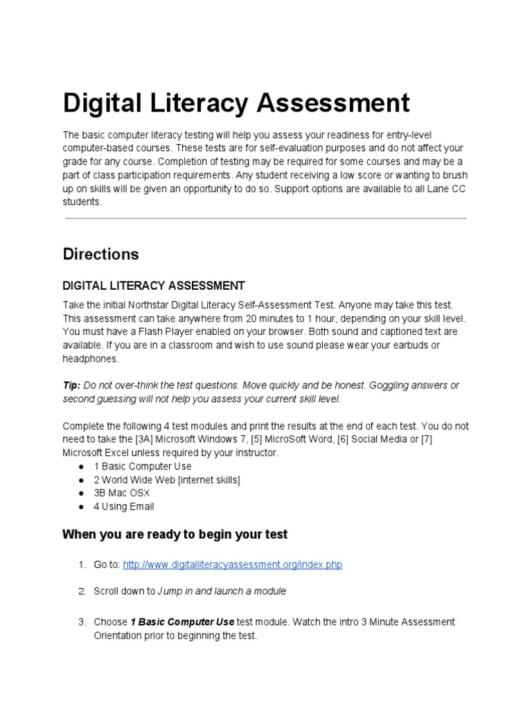 Northstar Digital Literacy Assessment Guide | PDF | Literacy | Learning