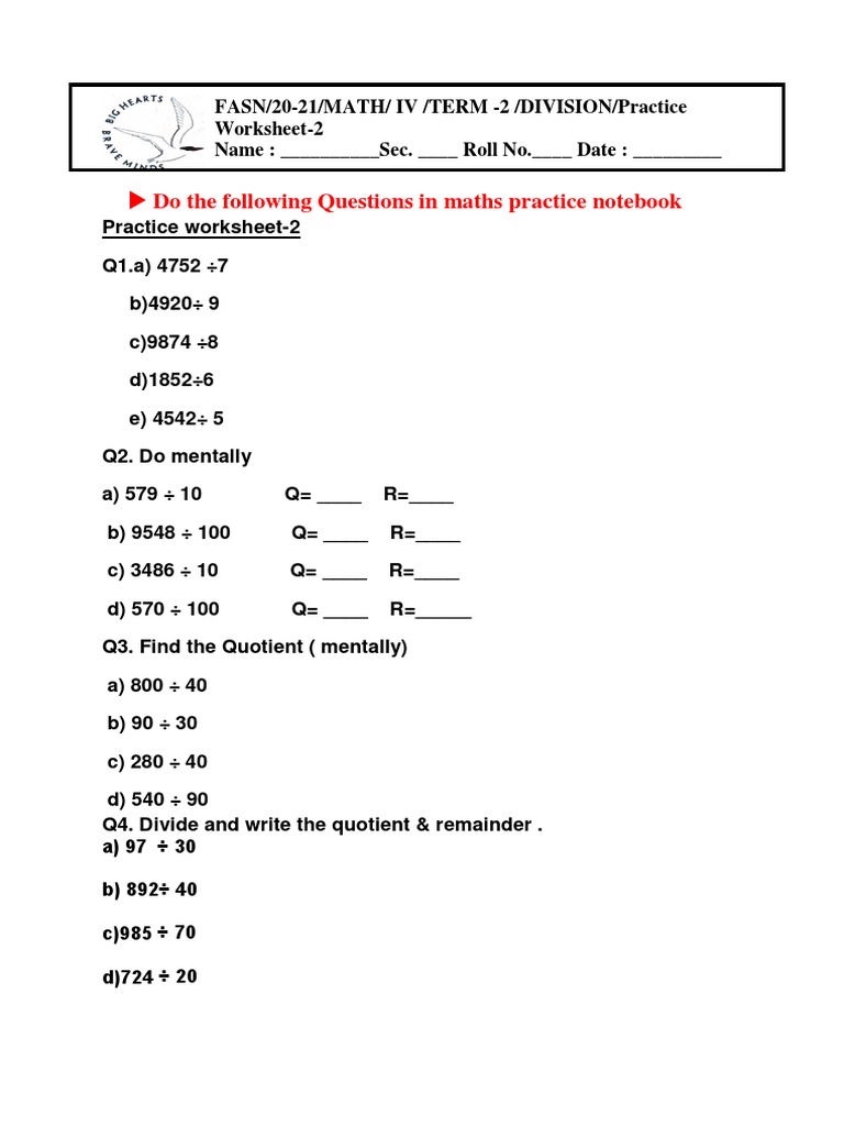 Class 4 Maths Practice Worksheet 2 | PDF