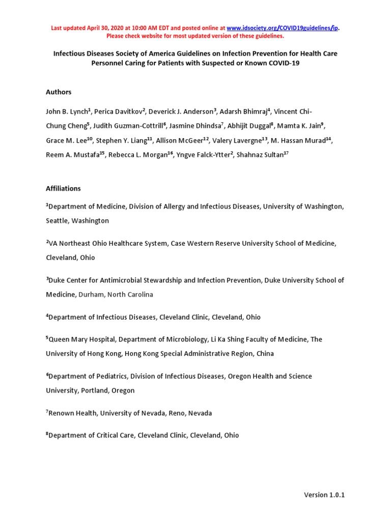 Idsa Covid 19 Guideline - Ip - v1.0.1 | PDF | Personal Protective Equipment | Systematic Review