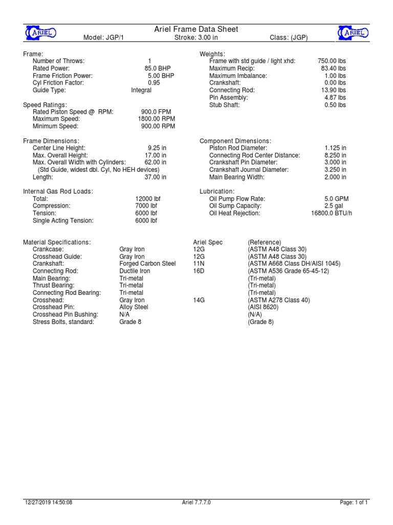 Ariel Frame Data Sheet: Model: JGP/1 Stroke: 3.00 in Class: (JGP) Frame ...
