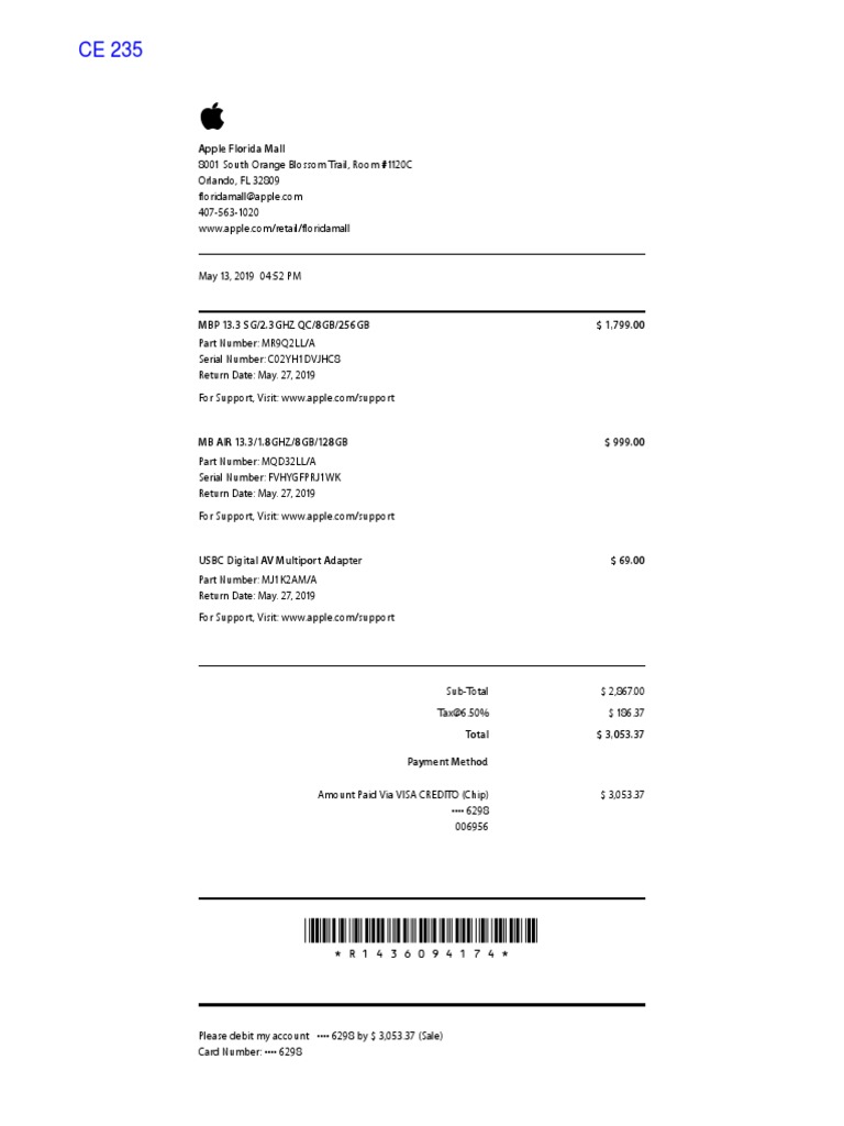 Apple Florida Mall Purchase Receipt | PDF | Finance & Money Management ...