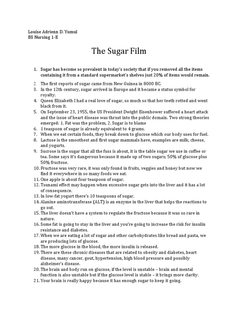 The Sugar Film: Louise Adrienn D. Yumul BS Nursing 1-E | PDF | Fructose ...