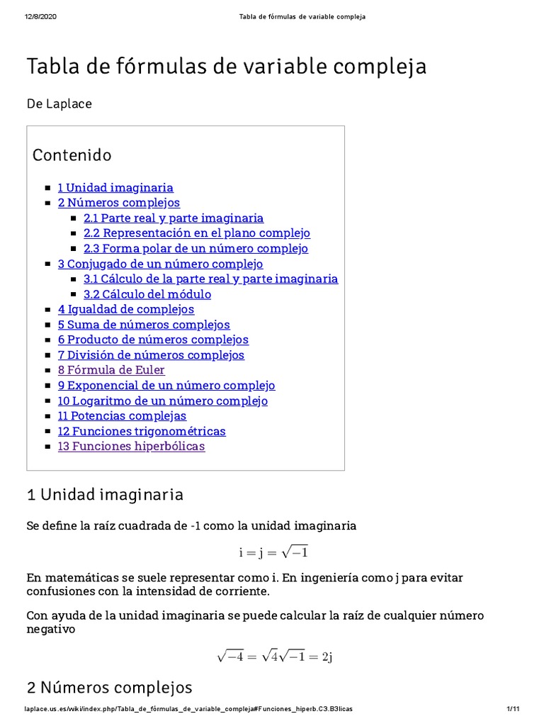 Tabla de Fórmulas de Variable Compleja | PDF | Número complejo ...