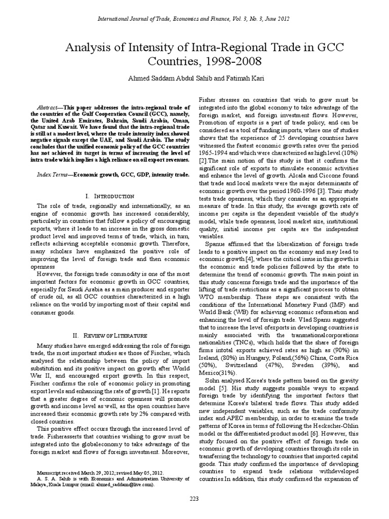 Analysis of Intensity of Intra-Regional Trade in GCC Countries, 1998 ...