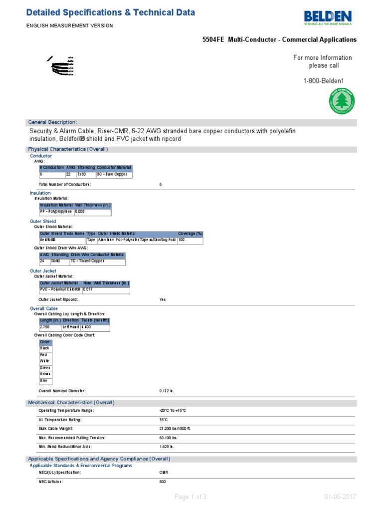 For More Information Please Call 1-800-Belden1: 5504FE Multi-Conductor ...