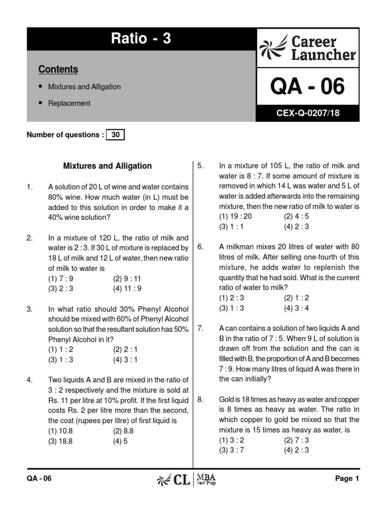 Ratio - 3: Mixtures and Alligation QA Questions | PDF | Concentration ...