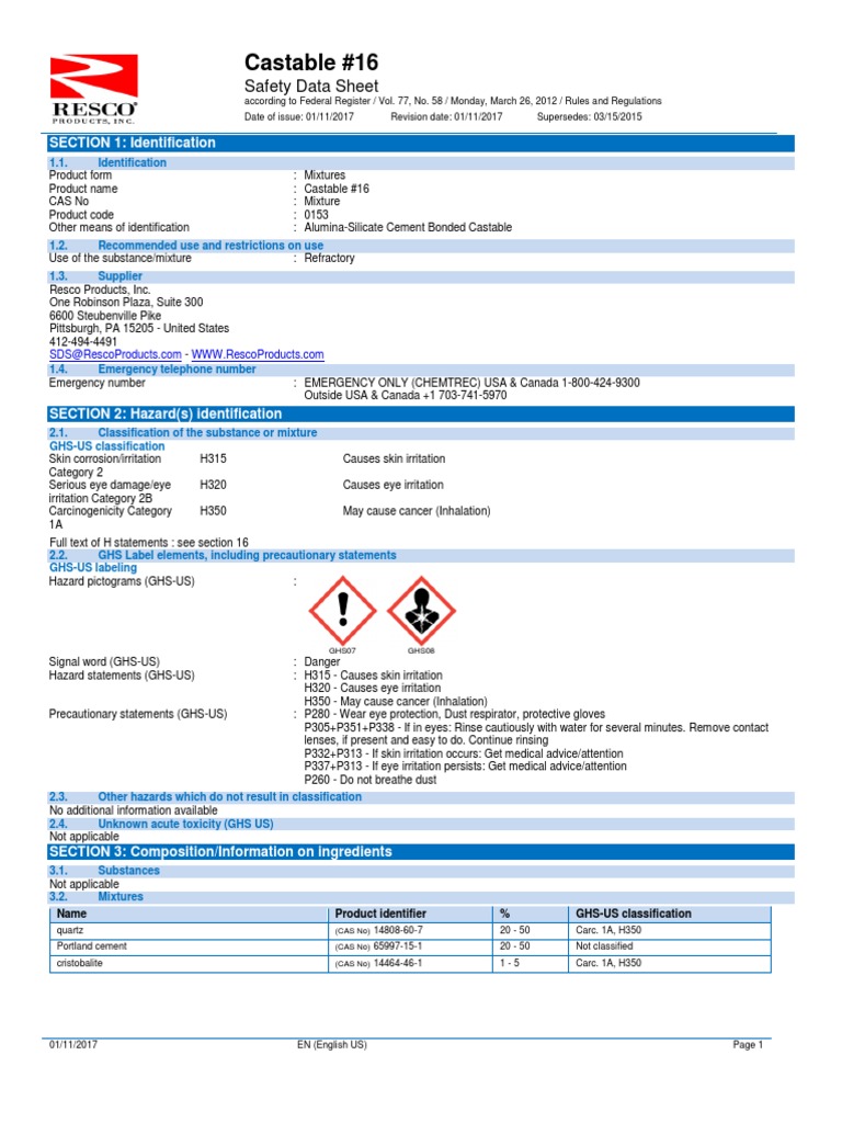 Msds Castable | PDF | Toxicity | Personal Protective Equipment