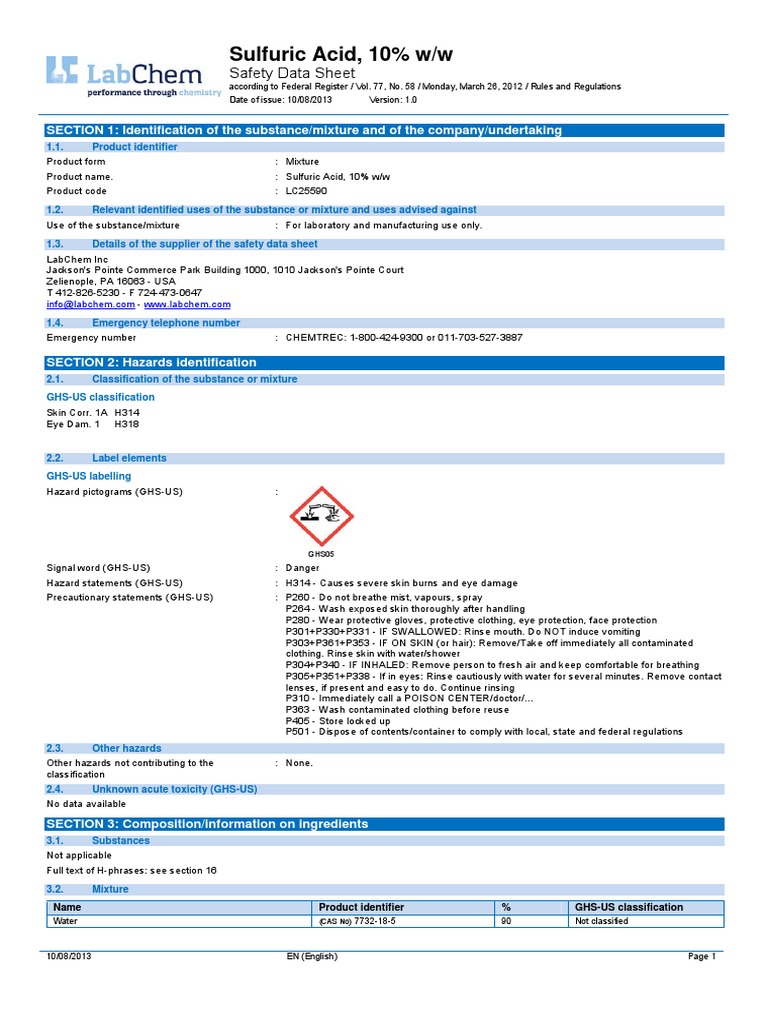 Msds 10% Sulphuric Acid PDF | Download Free PDF | Firefighting | Toxicity