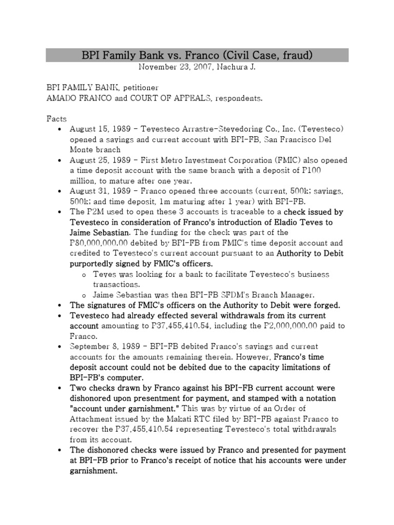 BPI Family Bank vs. Franco (Civil Case, Fraud) | PDF | Damages | Government