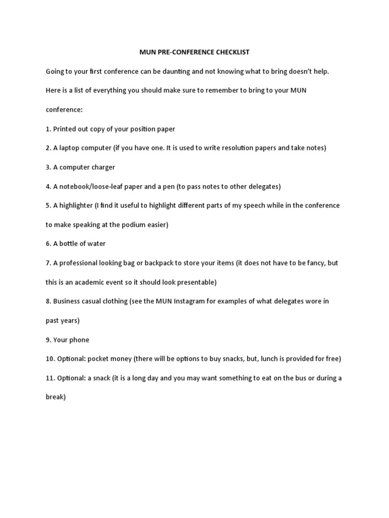 Mun Pre-Conference Checklist | PDF