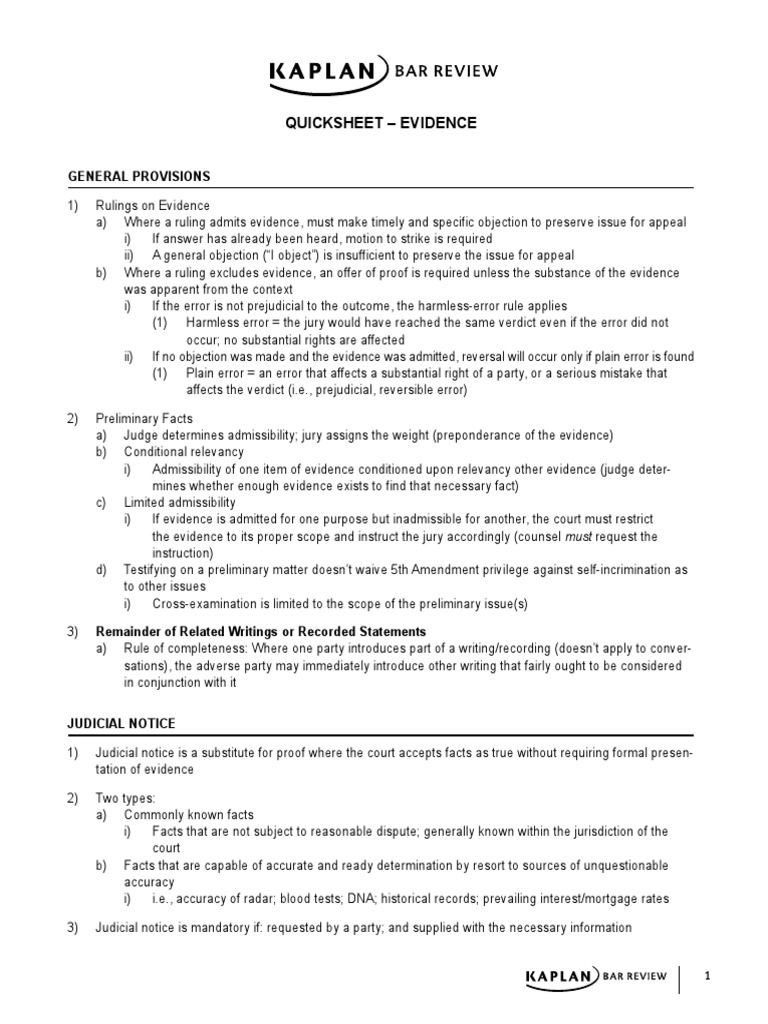 Quicksheet - Evidence: General Provisions | PDF | Witness Impeachment ...