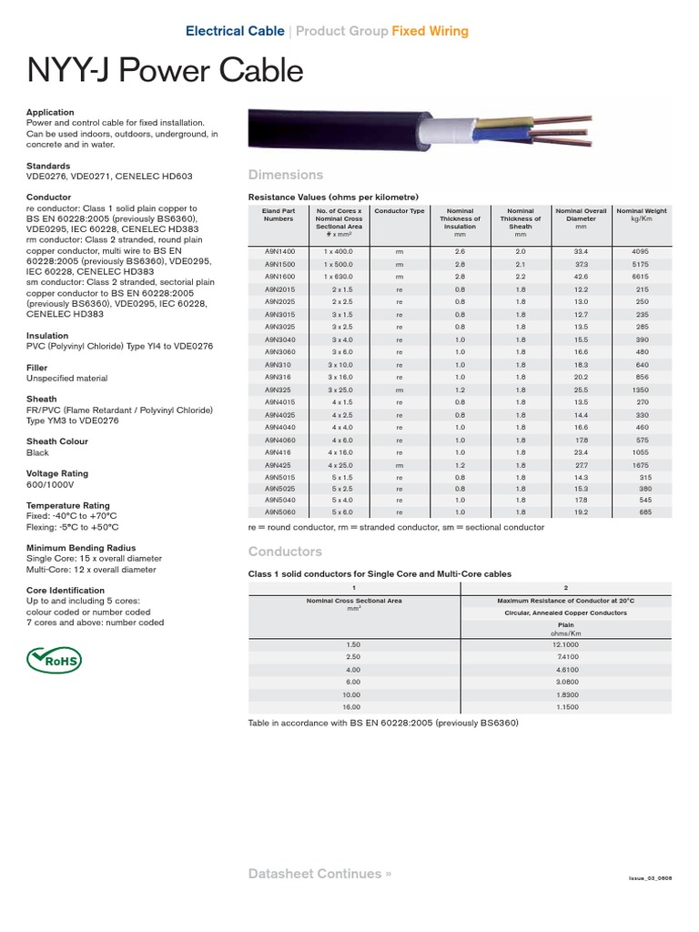 NYY-J Power Cable: Dimensions | PDF | Electrical Conductor | Electrical ...