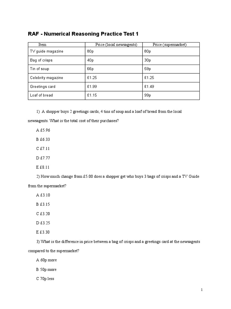 RAF - Numerical Reasoning Practice Test 1 | PDF | Supermarket | Food ...