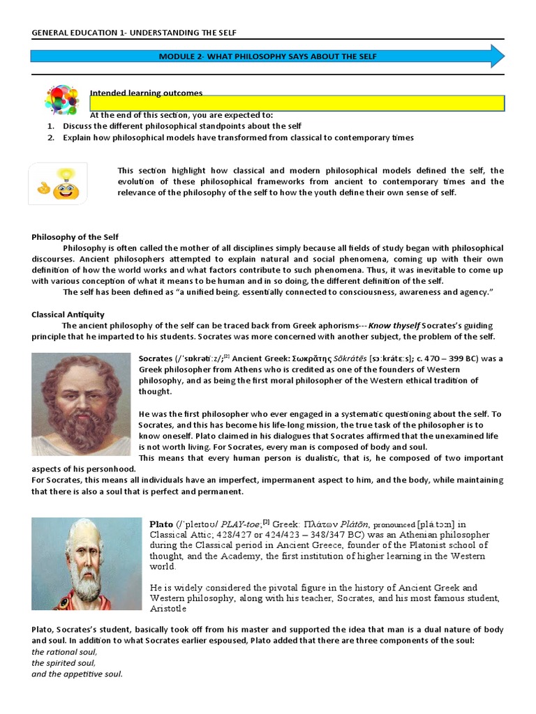 Module 2-What Philosophy Says About The Self: Plato (/ Pleɪtoʊ | PDF ...