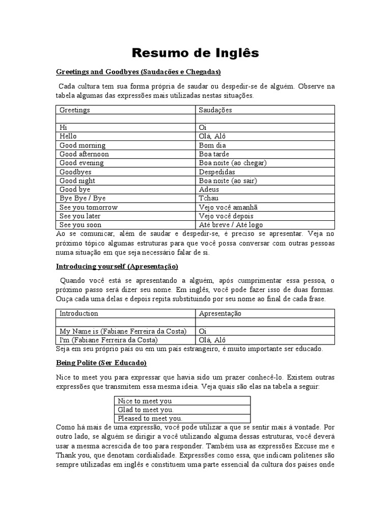 Resumo de Inglês | PDF | Sobrenome | Língua inglesa