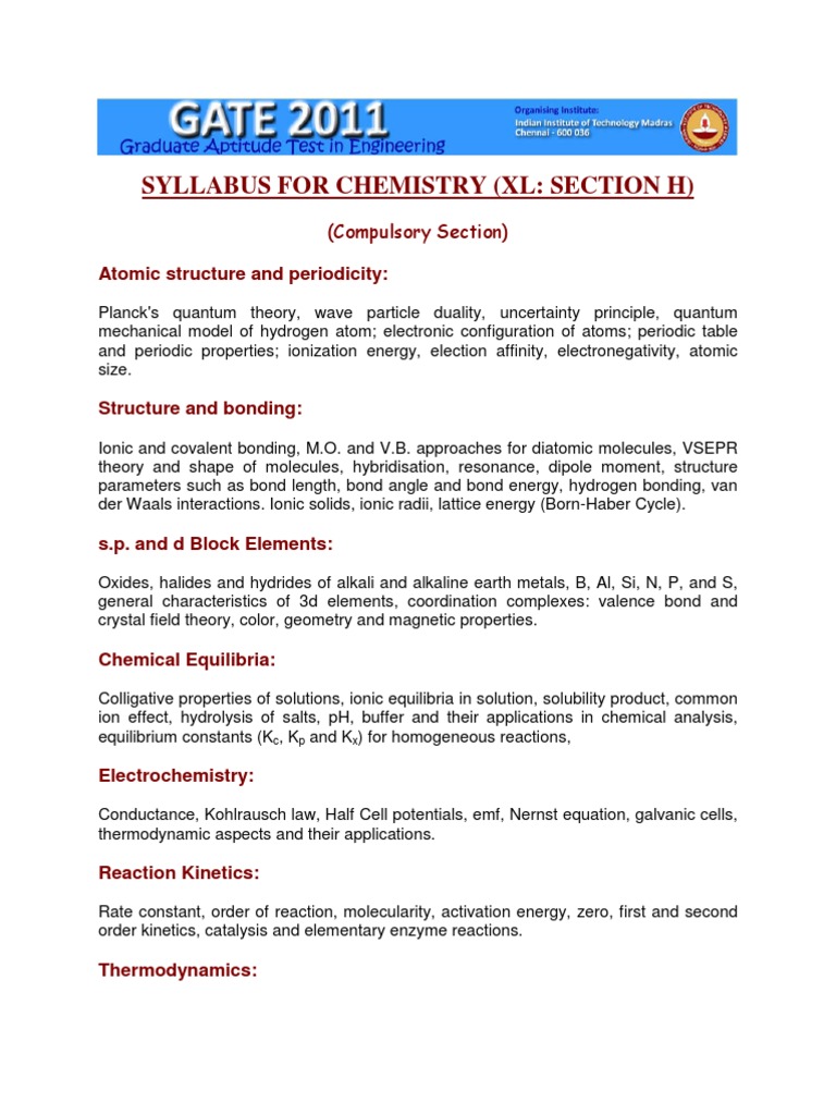 Syllabus For Chemistry (XL: Section H) : Atomic Structure and ...