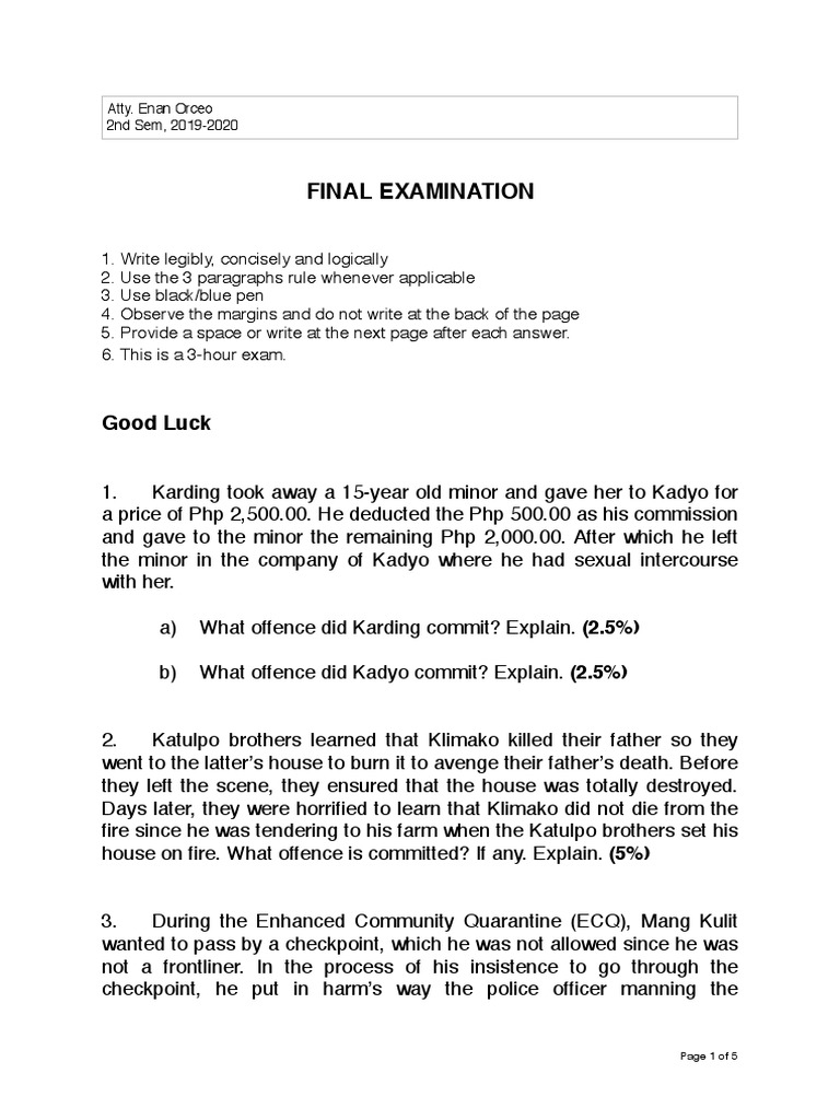 Criminal Law Review Final Exam | PDF | Kidnapping | Robbery