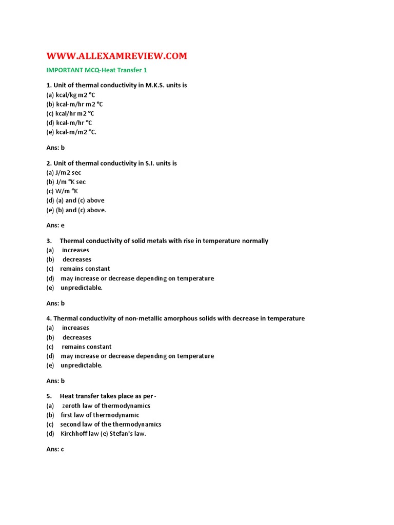 IMPORTANT MCQ-Heat Transfer 1 - WWW - ALLEXAMREVIEW.COM - PDF | PDF ...