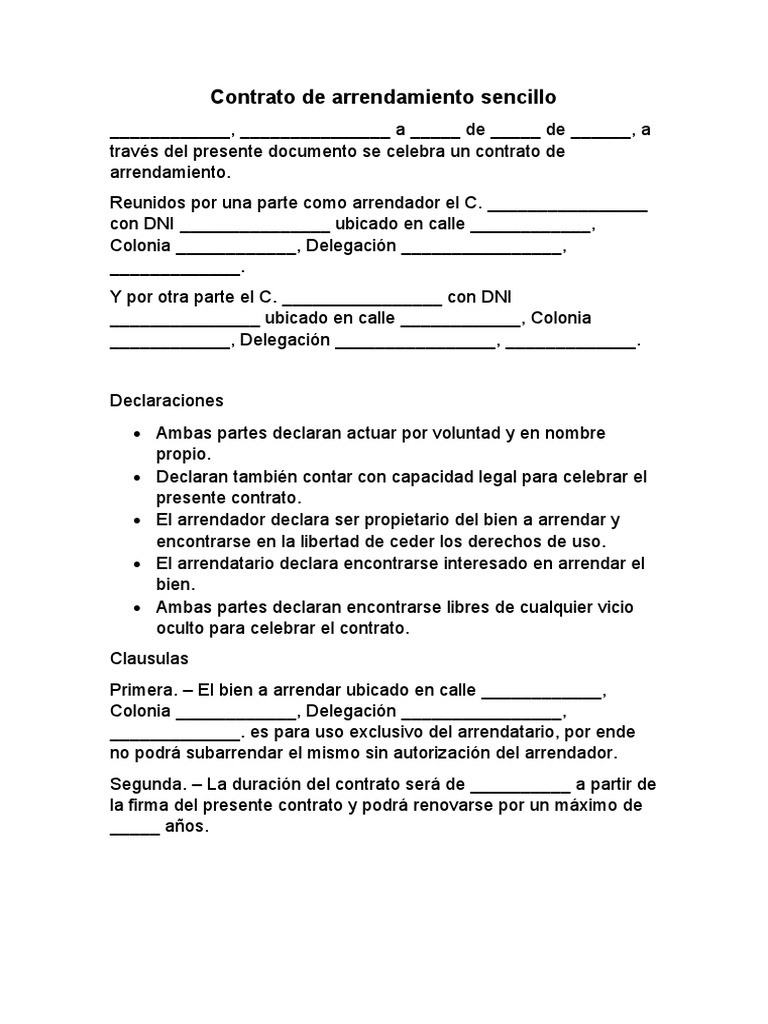 Plantilla De Contrato De Arrendamiento Simple Gratis