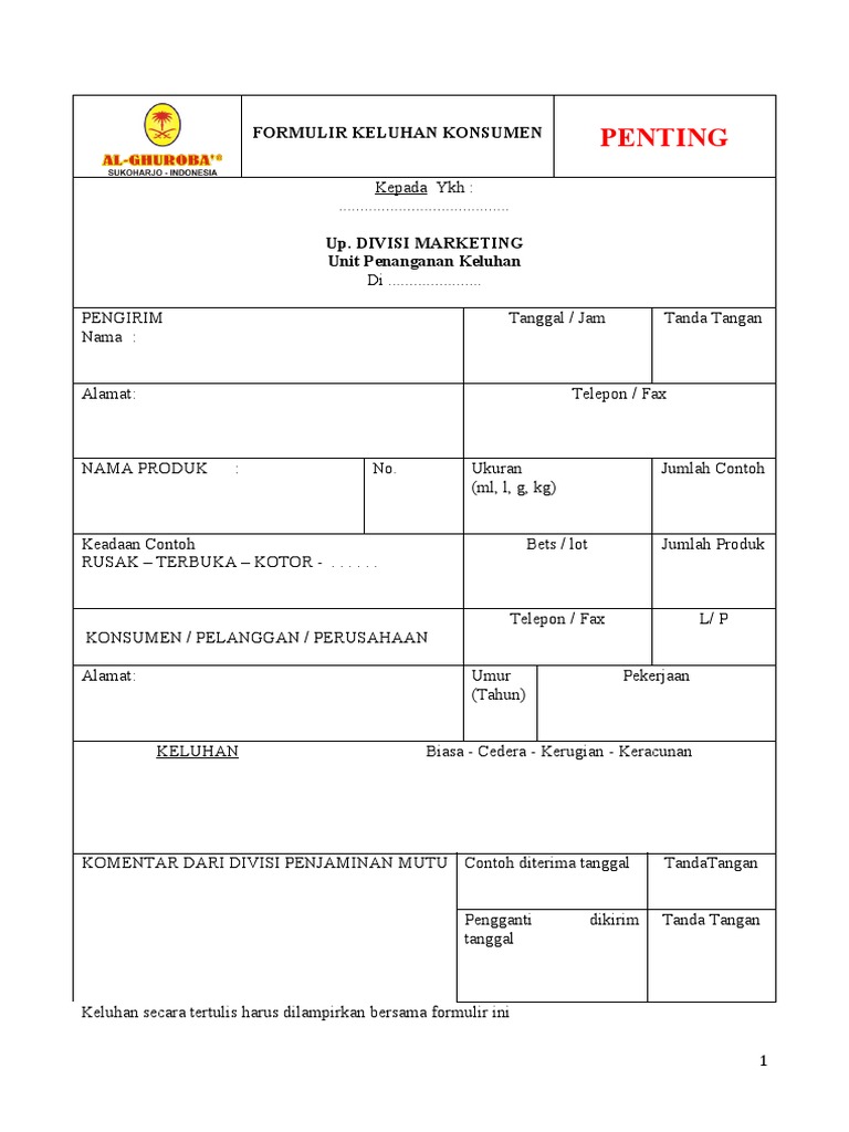 Formulir Keluhan Pelanggan Produk | PDF