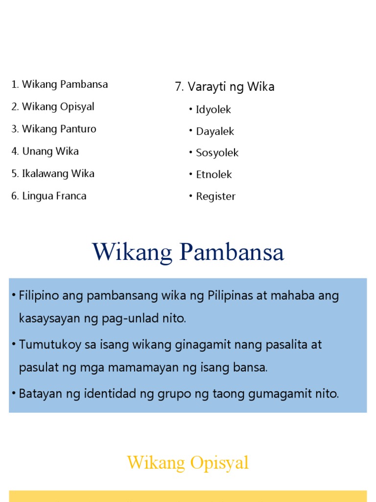 Wikang Pambansa, Wikang Opisyal, at Wikang Panturo | PDF